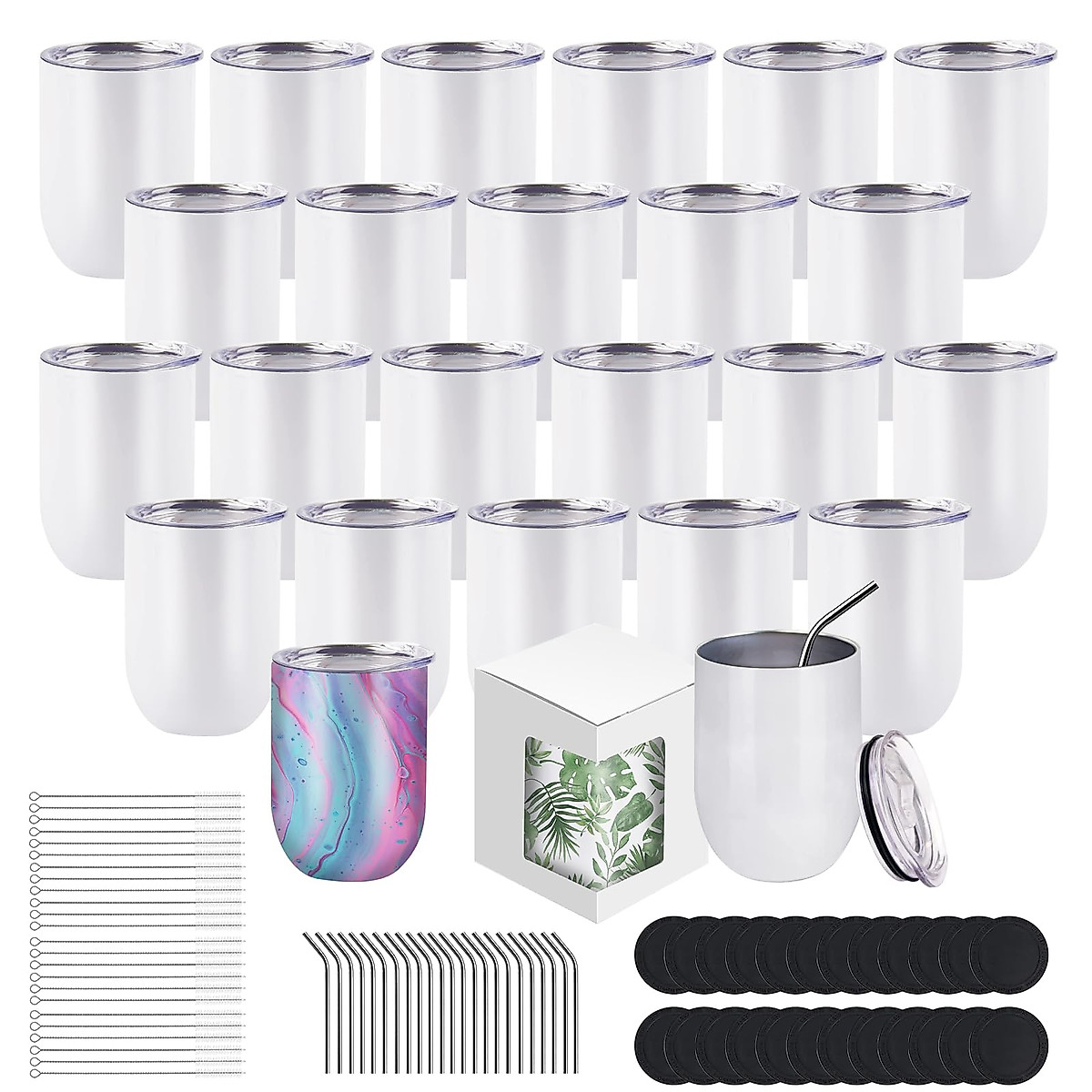 BetterSub 12oz Sublimation Straight Wine Tumblers Blanks Double Wall Insulated Stainless Steel Tumblers Bulk Sublimation Tumbler Cup with Lid, Metal Straw, Brush, Display Box, 24 Pack