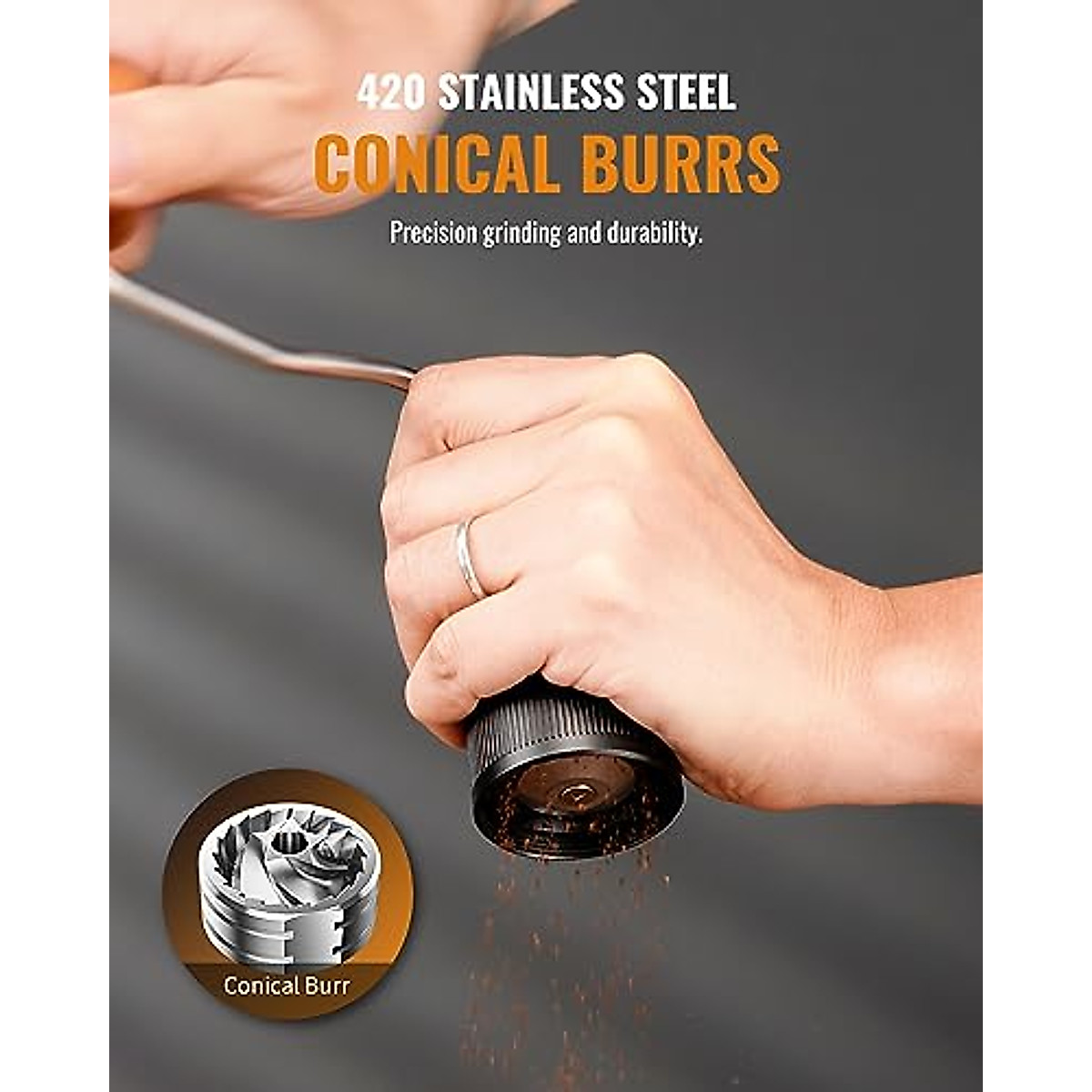 SHARDOR 918 Pro Manual Coffee Grinder Capacity 30g/1.06oz with Externally Numerical Adjustable Finely Setting Conical Burr - Aluminum Alloy Body, Double Bearing Positioning, Anti-slip Stripes