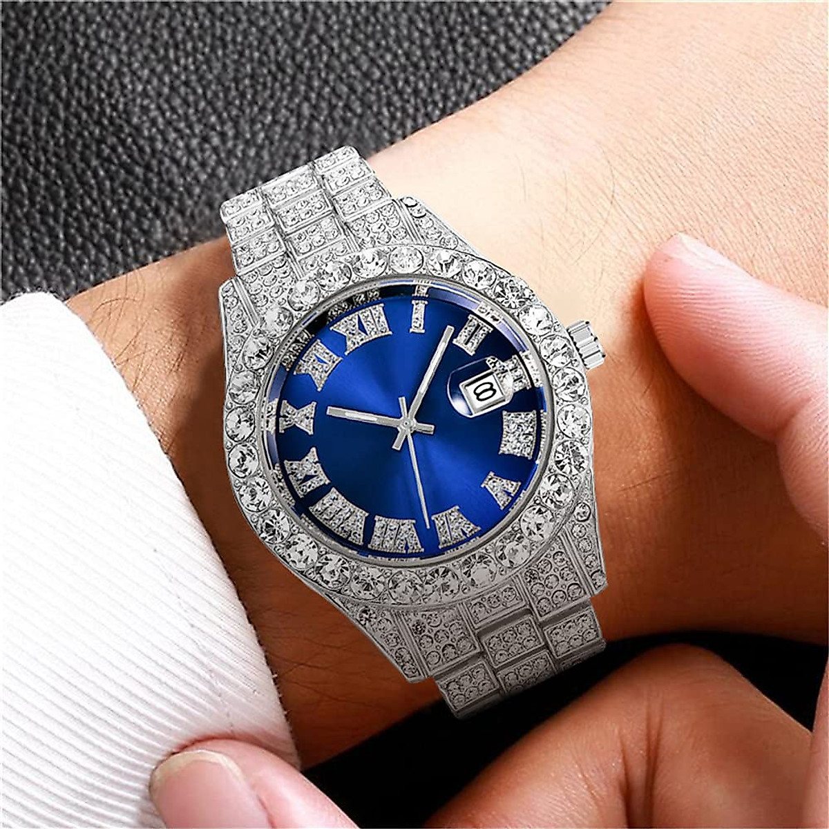 HUNRUY Hip Hop Watches for Men Iced-Out Bling Diamond Luxury Quartz Watches with Date (42mm Silver Blue)