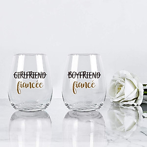 Modwnfy Boyfriend and Girlfriend Wine Glass, Fiance and Fiancee Stemless Wine Glass 15Oz, Engagement Gifts for Couples Fiance Fiancee Him Her (Set of 2)