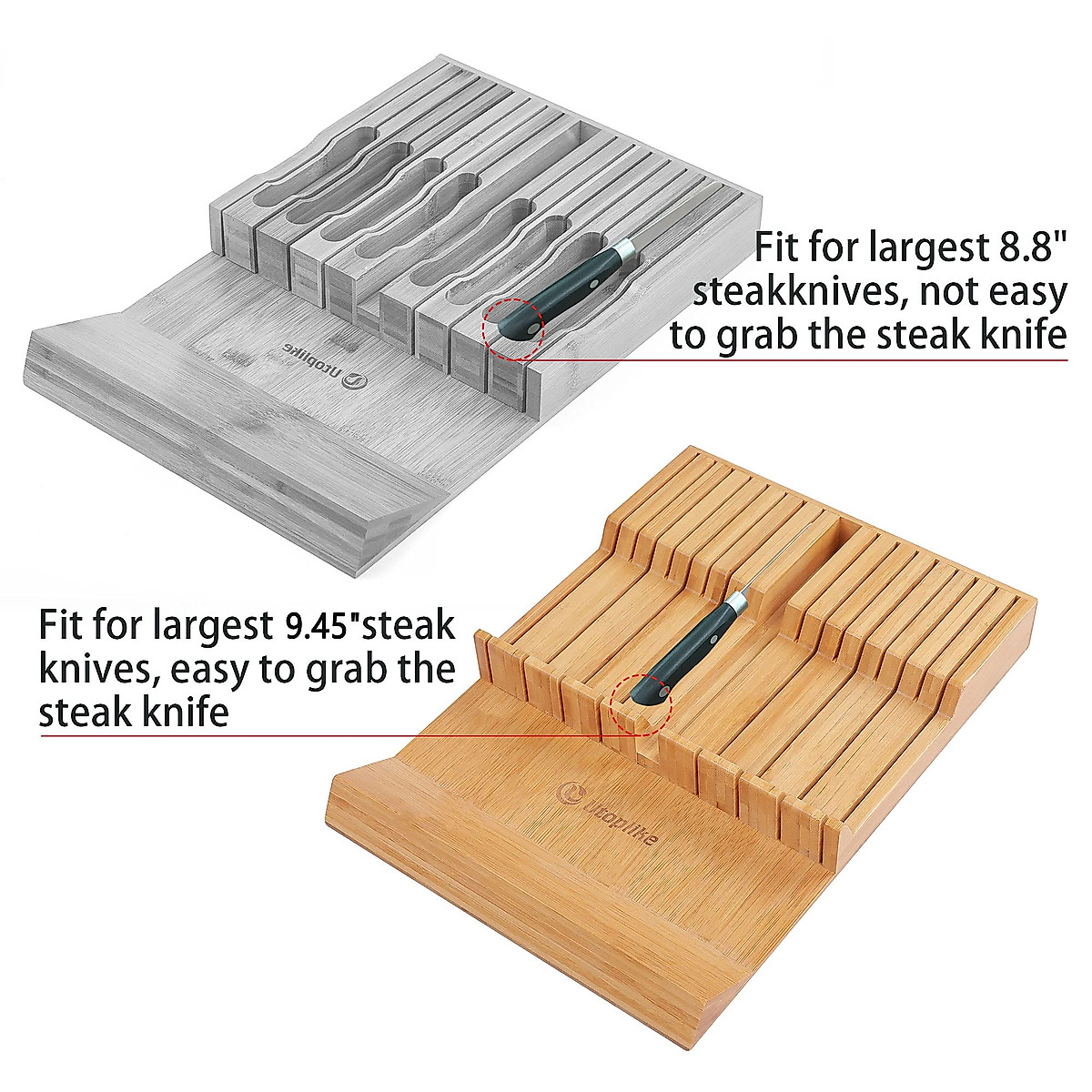 Utoplike 4 Pack Bamboo Kitchen Drawer Dividers and Bamboo Kitchen Knife Drawer Organizer Set