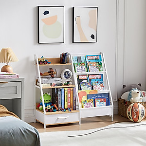 Kids Bookshelf and Toy Organizer, 3 Tier Bookshelf for Kids, Montessori Bookcase Book Shelf for Kids Rooms, Bedroom, Playroom, Nursery, Toy Storage Organizer with Bookshelf (Natural)