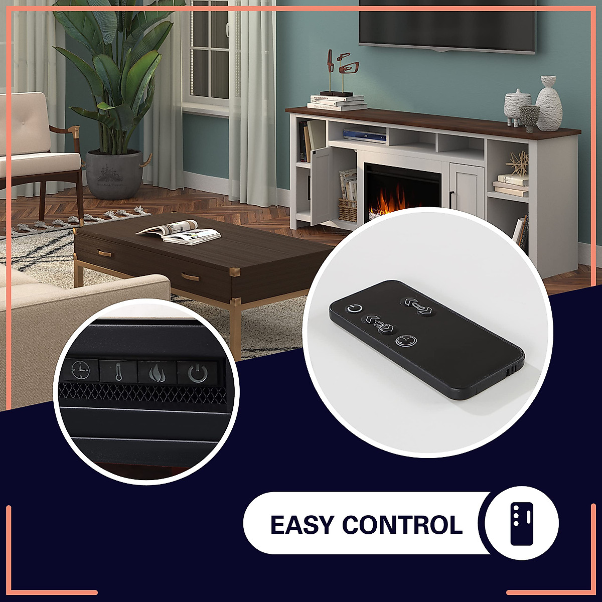 Bridgevine Home Modern 85 Inch Electric Fireplace TV Console. Accommodates TVs up to 95 inches. Fully Assembled. Poplar Solids and Okume Veneers. Jasmine Whitewash and Whiskey Finish.