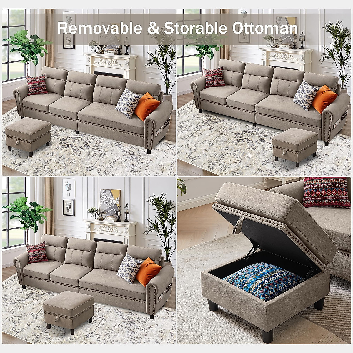 Jarenie 107" Convertible Sectional Sofa, 4-Seat L Shaped Couch with Storage Chaise and Side Pocket, Modern Linen Fabric Sectional Couches for Living Room, Beige