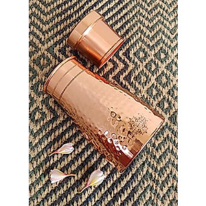 Indian Art Villa Pure Copper Bedroom Water Bottle With Inbuilt Glass & Hammered Shine Design, Drinkware, Storage Purpose, Volume-37 Oz