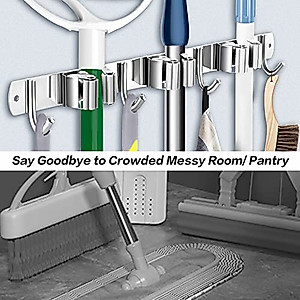 Zikopomi Broom Holder Wall Mount, Stainless Steel Heavy Duty 16 Inch Mop and Broom Holder Self-adhesive Multi Purpose Tool Organizer for Kitchen Pantry Laundry Room Garden Tools Garage Organization