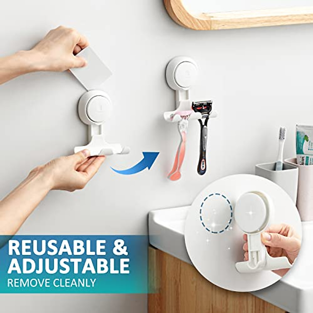 TAILI Shower Razor Holder Suction Cup 2 Pack, Vacuum Suction Razor Hanger for Shower Wall, Suction Door Hooks for Towel Loofah Sponge, Shower Razor Hooks for Bathroom Removable Waterproof, White