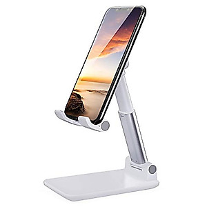LOBKIN Phone Stand for Desk, Foldable Portable Adjustable Tablet Cell Phone Holder Charging Dock Cellphone Holder Office, Sturdy Mobile Stand Hand Metal Desktop iPhone Stand (White)