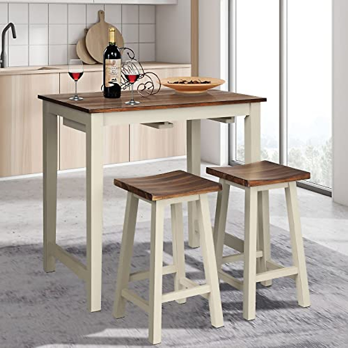 COSTWAY 3 Pieces Dining Set, Counter Height Pub Table Set with 2 Saddle Stools, Industrial Wood Breakfast Table Set for Bar, Kitchen, Living Room, Restaurant
