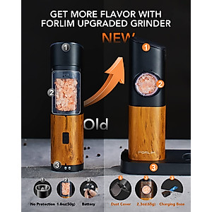 FORLIM Gravity Electric Salt and Pepper Grinder Set, Upgraded Large Capacity, USB Rechargeable Pepper grinder Automatic One Hand Operated, Adjustable Coarseness with LED Light（Natural Wood Grain）