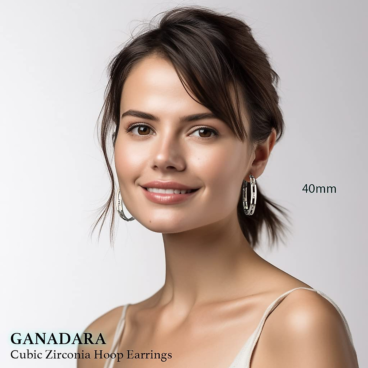 GANADARA Cubic Zirconia Hoop Earrings for Women - 14K Gold Plated 925 Sterling Silver Shiny Wide Round Hoop Earrings (Silver)