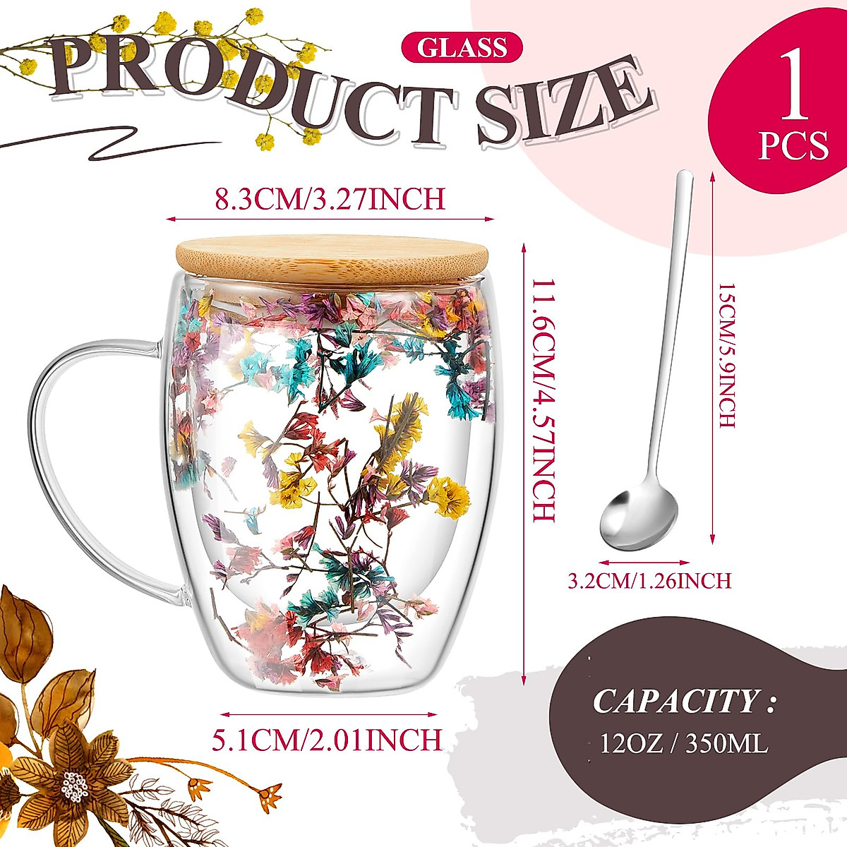 Rtteri 11.84 oz Double Wall Glass Coffee Mug with Bamboo Lid and Spoon Clear Eternal Flower Insulated Glass Coffee Mugs with Handle Double Glass Coffee Cup Glass Tea Cup for Cappuccino Latte Beverage