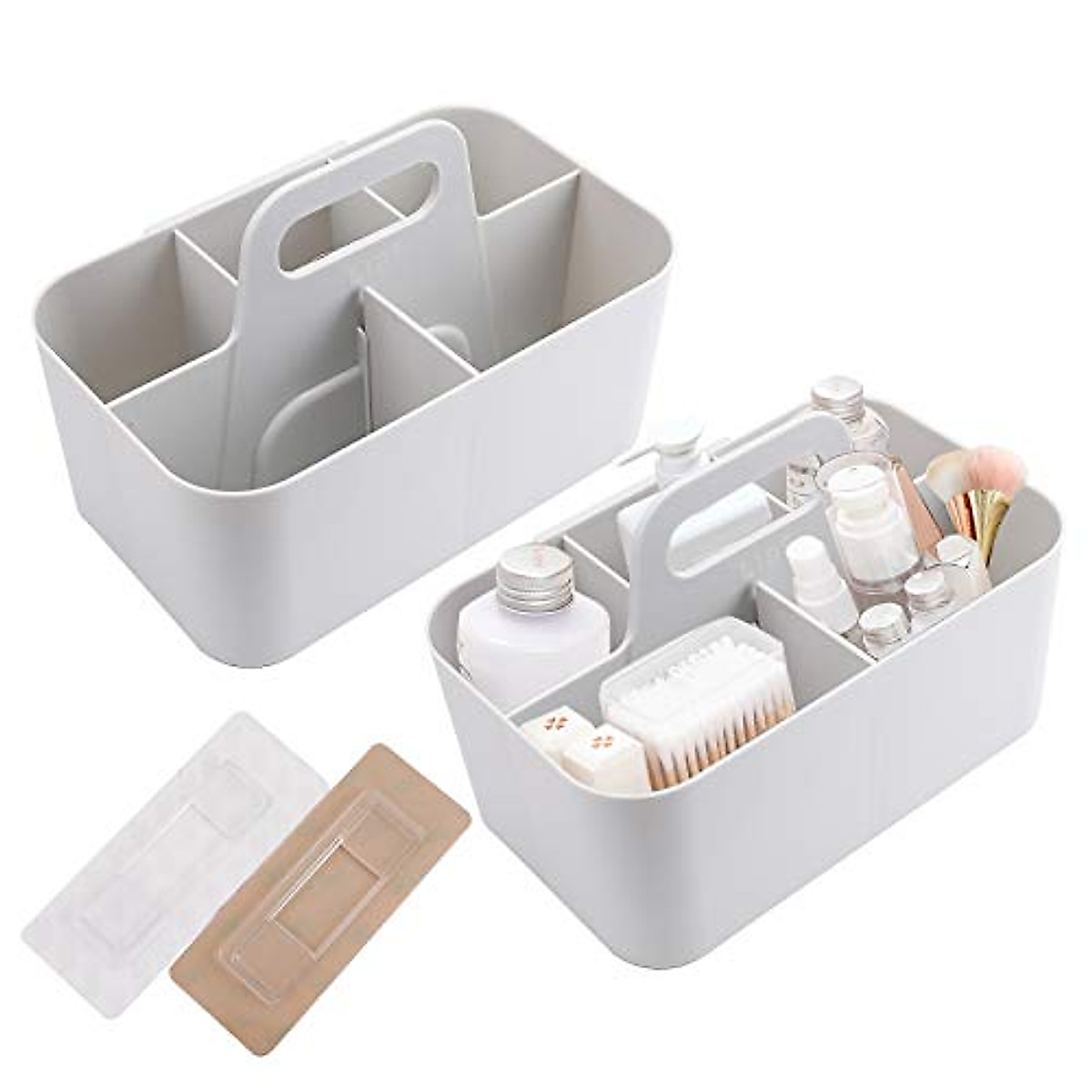 Jucoan 2 Pack Plastic Portable Storage Organizer Caddy Tote, Stackable 5 Slots Divided Basket Bin, Wall Mounted Makeup Organizer Caddy for Bathroom, Dorm Room (Beige, 9.5X 5.75 x4.5 Inch)