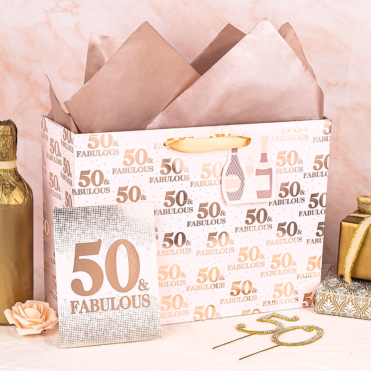 LeZakaa 16" Large Gift Bag with Tissue Paper, Gift Tag and Card,50 & Fabulous Lettering with Metallic Gold Foil on Pink for Anniversary, Birthday