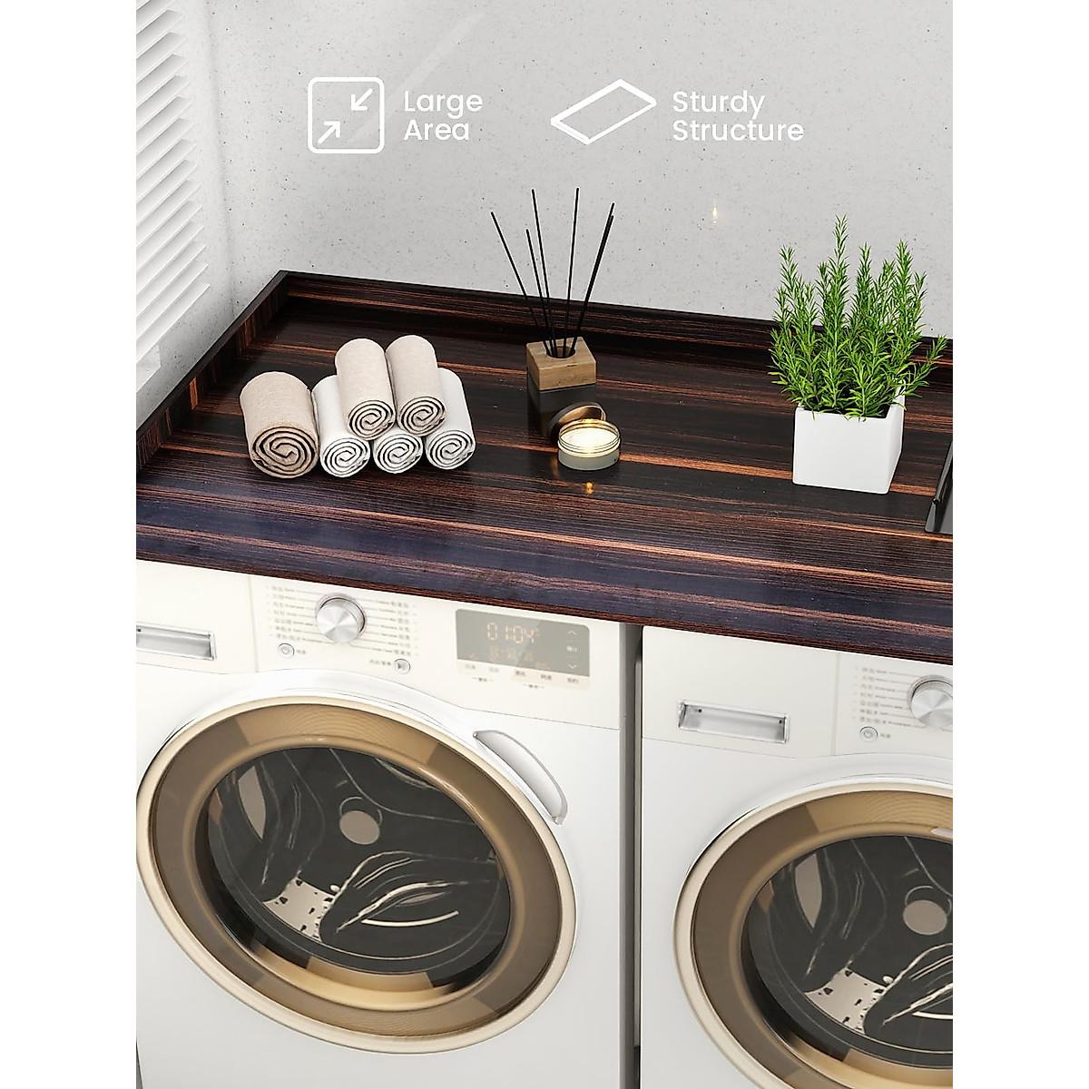 Toemics Washer Dryer Countertop, 27.5" x 54" Laundry Room Organization Shelf with Edge Rails for Washer and Dryer, Durable Melamine Finish, Non-Slip Pads, and 3 Laundry Bags, Eucalyptus