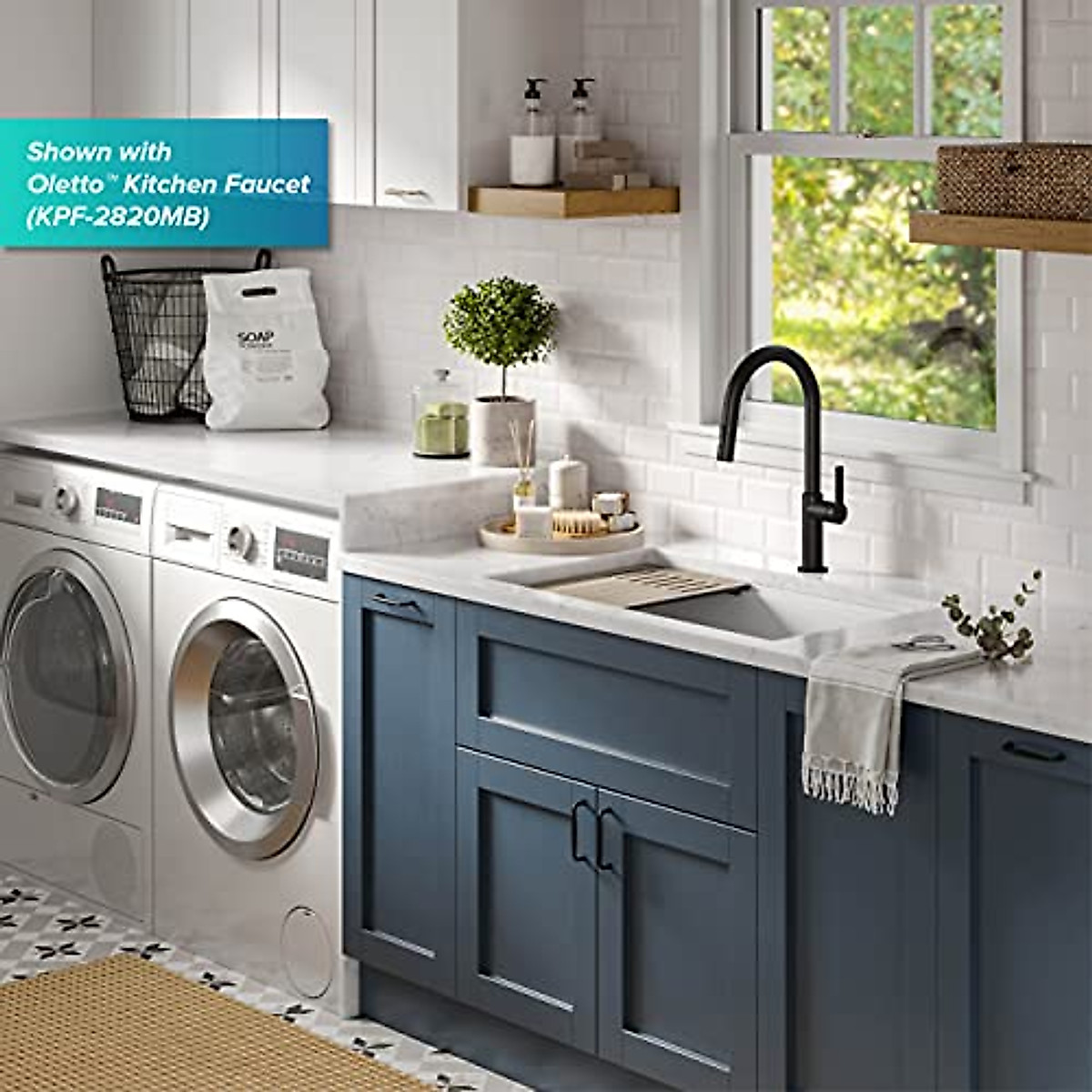 KRAUS Bellucci Workstation 32 in. Undermount Granite Composite Single Bowl Kitchen Sink in White with Accessories with WasteGuard™ Continuous Feed Garbage Disposal, KGUW1-33WH-100-75MB