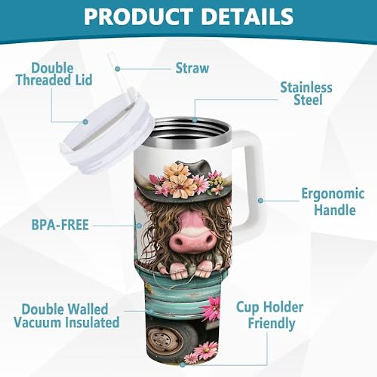 RPLIFE Beautiful Pink Highland Cow White Coffee Tumbler, Stainless Steel Coffee Cup, Insulated Coffee Mug with Lid, Tumblers for Women