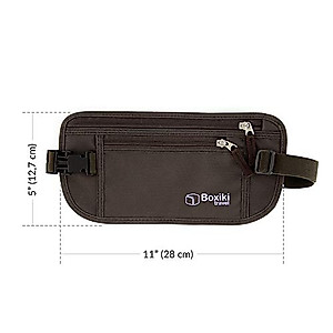 Boxiki Travel Money Belt - RFID Blocking Money Belt and Safe Waist Bag, Secure Fanny Pack for Men and Women, Fits Passport, Wallet, Phone and Personal Items. Running Belt, Waist Pack (Brown)