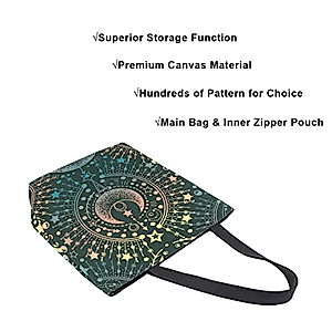ALAZA Moon & Star Alchemy Magical Large Canvas Tote Bag Shopping Shoulder Handbag with Small Zippered Pocket