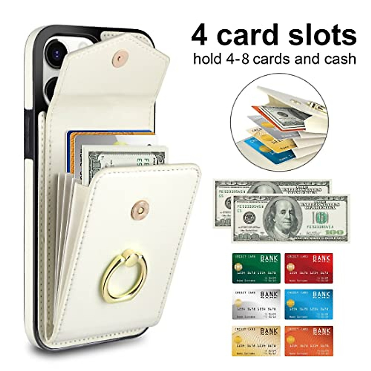 HianDier for iPhone 12 Pro MAX 6.7-inch Wallet Case with Bracelet Chain + Camera Lens Protector, with RFID Blocking Card Holder 360° Rotation Ring Stand Kickstand Protective PU Leather Cover, Beige