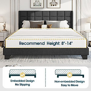 WEEWAY Queen Size Wingback Upholstered Platform Bed Frame, Box-tufted Headboard, Wooden Slats, No Box Spring Needed, Easy Assembly, Dark Grey