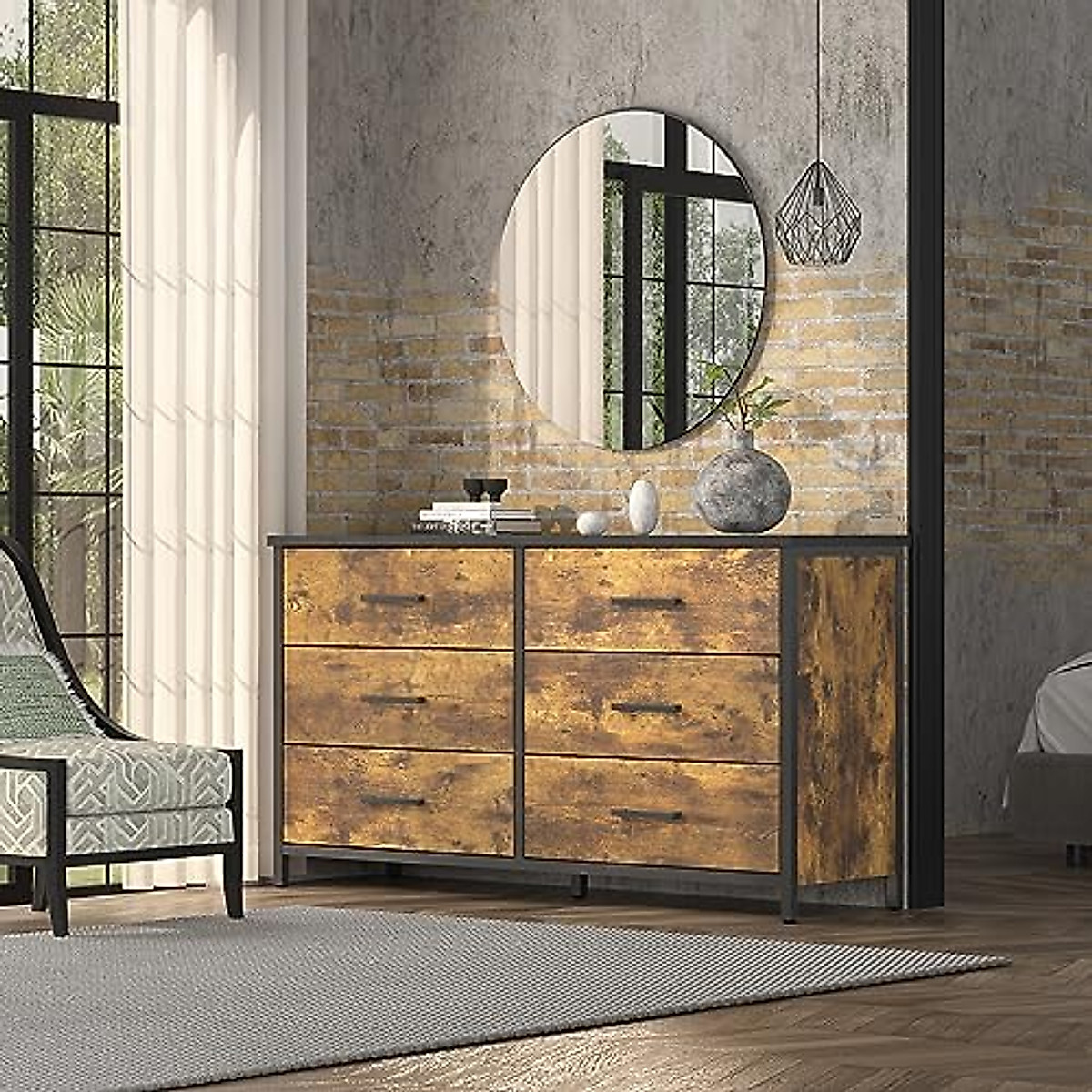 IKENO 6 Drawer Dresser for Bedroom, Industrial Wood Storage Organizer with Sturdy Steel Frame, Chests of Drawers for Bedroom Living Room Hallway