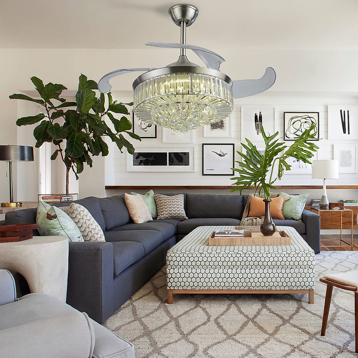 RuiWing 42'' Modern Fandelier Crystal Ceiling Fan with LED Light and Remote Control 3 Light Changes 3 Speeds Noise-Free Chandelier Ceiling Fan for Bedroom Indoor Living Room