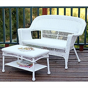 Jeco Wicker Patio Love Seat and Coffee Table Set without Cushion, White