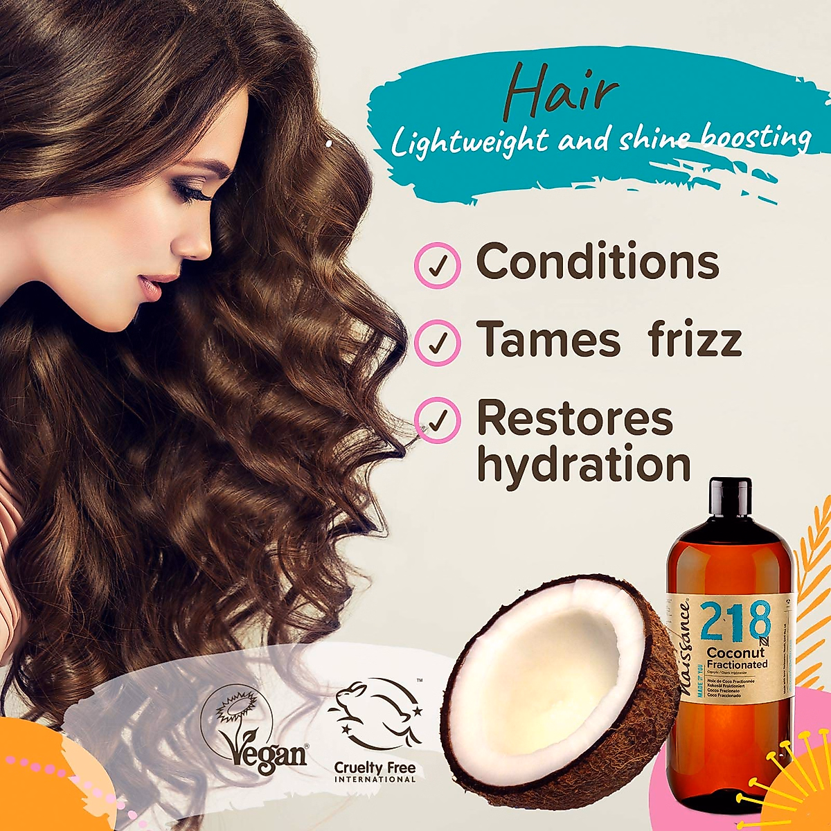 Naissance Fractionated Coconut Oil 32 fl oz - Pure Natural, Vegan, Non GMO, Hexane Free, Cruelty Free - Moisturizing & Hydrating - Ideal for Aromatherapy, Massage and DIY Beauty Recipes