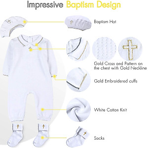 HAPIU Baby Boy Baptism Outfit with Hat Christening Outfit-Cross Detail, 6-9M, Pure White