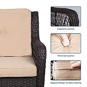 W WARMHOL 3-Piece Patio Rocking Chairs Wicker Bistro Set Cushioned, Outdoor Glider Swivel Chair Rattan Furniture Sets with Thickened Cushion and Glass-Top Coffee Table (Beige Cushion)