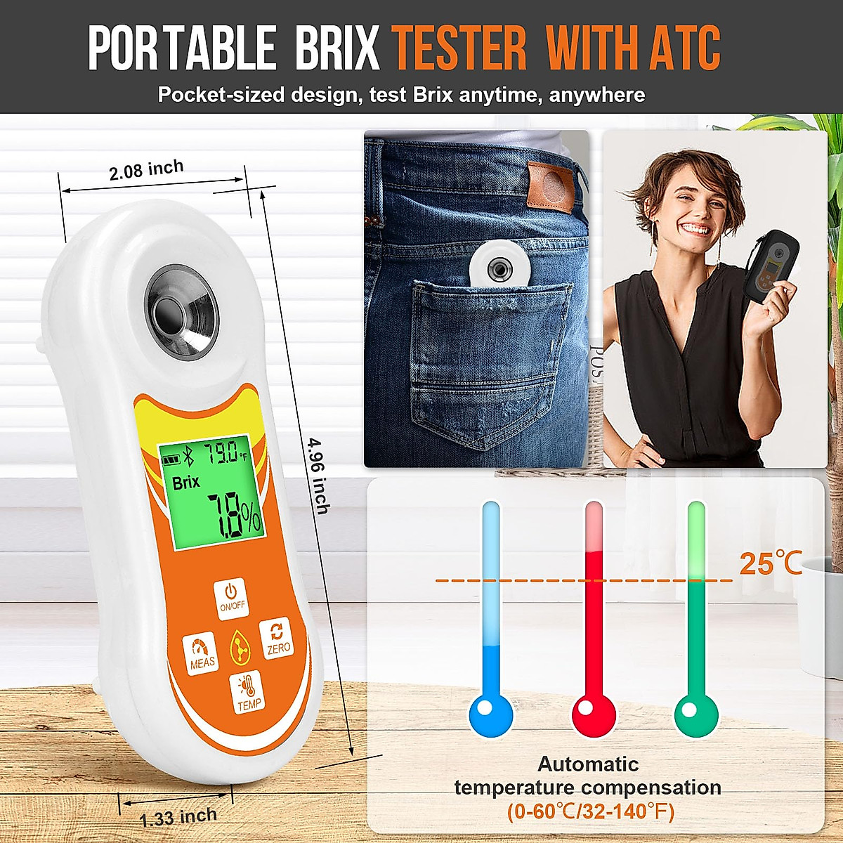 Smart Brix Refractometer, YINMIK Digital Brix (0-60%) Tester, Sugar Temperature Meter with ATC, Portable Brix Meter for Fruit, Home Wine & Beer Brewing, Coffee, Maple Syrup, Juice, Food, Vegetable