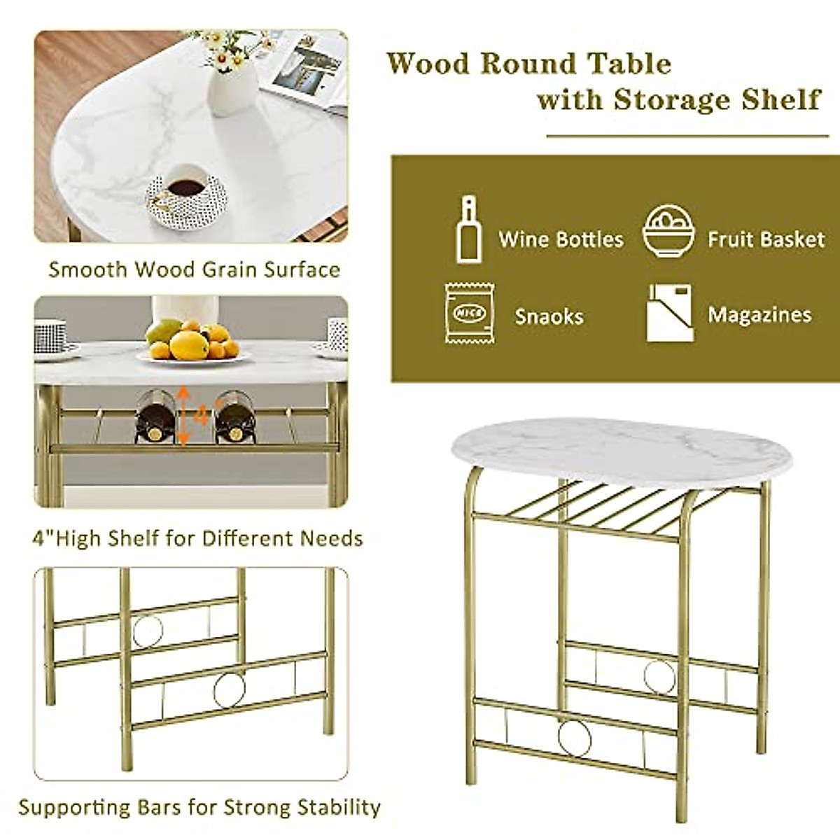 VECELO 3 Piece Small Round Dining Table Set for Kitchen Breakfast Nook, Wood Grain Tabletop with Wine Storage Rack, Save Space, 31.5", White & Gold