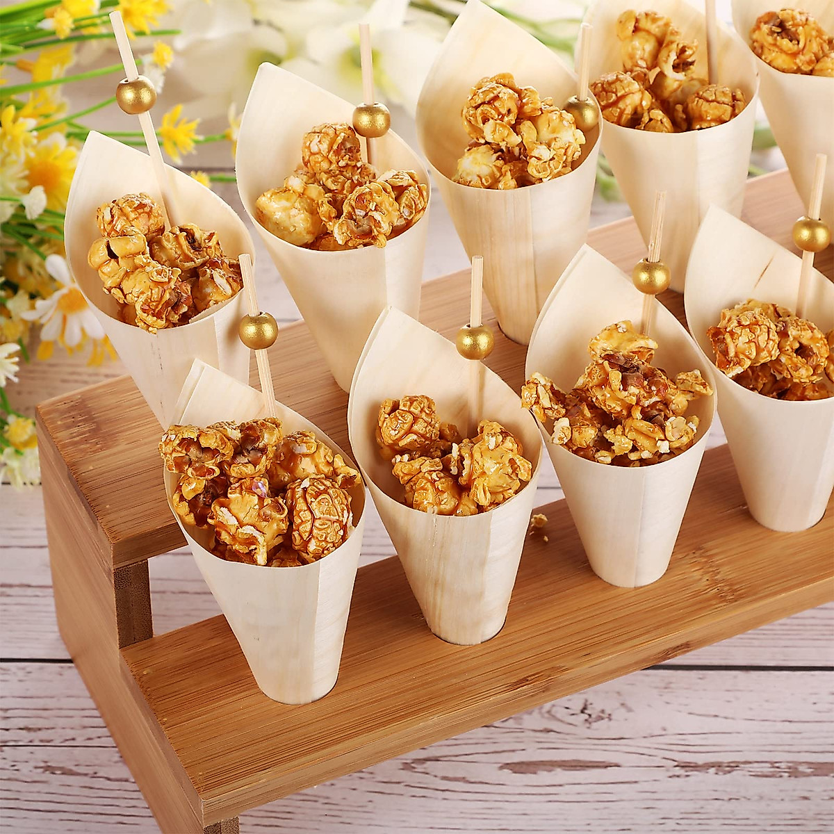 Food Cones 100 Pcs Disposable Wood Cones for Food with 12 Holes Ice Cream Cone Display Stand Charcuterie Cones Holder 100 Fancy Toothpicks for Appetizers Catered Events Buffets Parties (Straight)