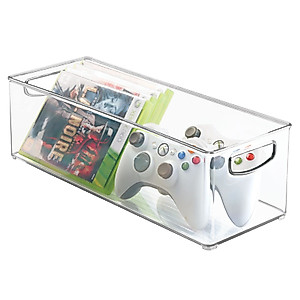 mDesign Plastic Video Game Organizer - Game Storage Holder Bin with Handles for Media Console Stand, Closet Shelf, Cabinets, Bookshelves - Holds Disc, Video Games - Ligne Collection - Clear