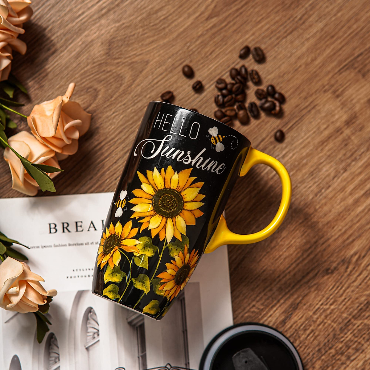 Topadorn Sunflower Ceramic Mug Coffee Cup with Lid and Matching Gift Box Latte Mug,17oz.Hello, Sunshine