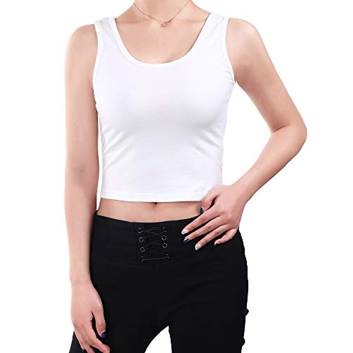 Boao 4 Pieces Basic Crop Tank Tops Sleeveless Racerback Crop Top for Women (Black, White, Army Green, Coffee, Medium)