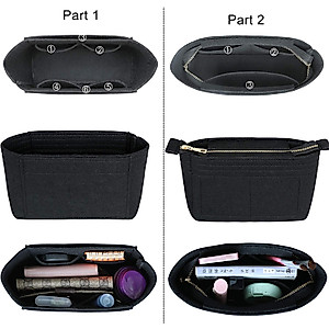 HyFanStr Felt Insert Bag Organizer with Zipper, Small Handbag Purse Organizer Tote Liner Pouch for Women, 2 Pcs Set Black