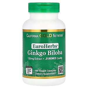 Ginkgo Biloba Extract, EuroHerbs, Supports Cognitive Health, Standardized to 22% Flavone Glycosides, 5% Terpene Lactones, 120 mg, 180 Veggie Capsules