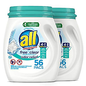 All Mighty Pacs Laundry Detergent, Free Clear Odor Relief, Tub, 56 Count (Pack of 2), 112 Total Loads