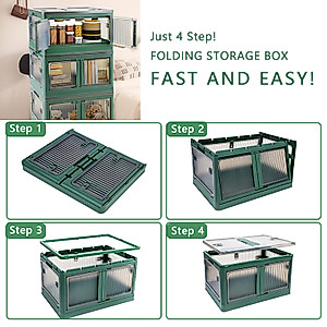 NOCCUR 3 Pack Stackable Storage Bins with Lids - 23Gal Green Plastic Storage Bins - Folding Storage Box - Foldable Plastic Storage Container with Lids and Doors - for Book Storage,Study Room