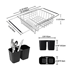 Yvilant in Sink Dish Drying Rack, Expandable Dish Drying Rack Over The Sink, 304 Stainless Steel Dish Rack Dish Drainer in Sink or On Counter with Black Utensil Silverware Holder, 13.78"x11.42"x 5.12"