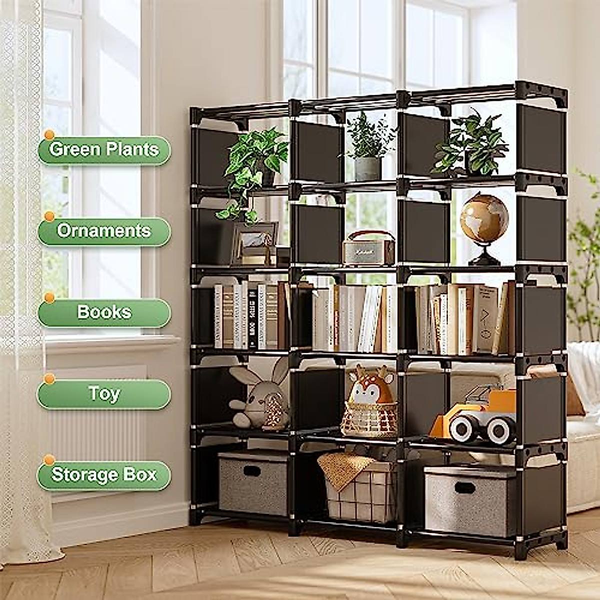REIBII Bookshelf for Bedroom Book Shelf Organizer Bookcase Tall Book Case 15 Cube Storage Organizer Cube Shelf Black Cubby Storage Organizer Shelves for Bedroom Living Room Closet Office DIY