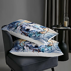 AILONEN Wolf Comforter Set - Full Size, Snow Wolf Bedding Set, Dream Catcher Comforter, Wild Animal Duvet - 3 Pieces, 1 Quilt and 2 Pillowcases