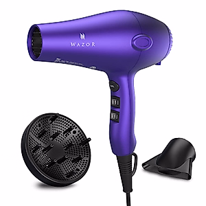 Wazor 3rd Generation Lightweight Low Noise Hair Dryer,(1875W Tourmaline Ceramic Negative Ionic Blow Dryer 2 Speed 3 Heat Settings Cool Shot with Diffuser Concentrator(Purple)