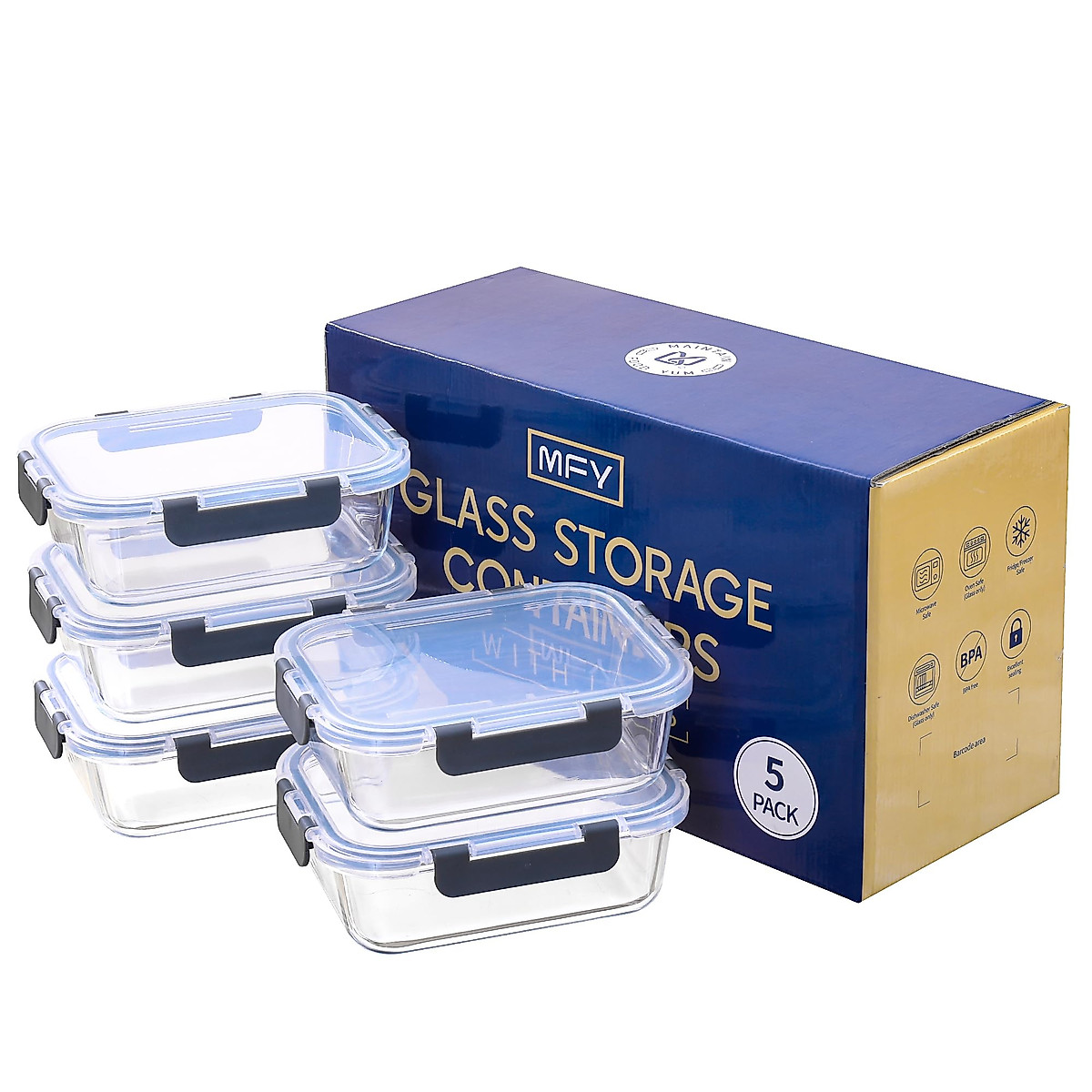 MFY 5-Pack 36 OZ Glass Storage Containers with Lids, Glass Meal Prep Containers Set, Airtight Glass Lunch Containers with Lids, Microwave, Oven, Freezer and Dishwasher Safe, Gray