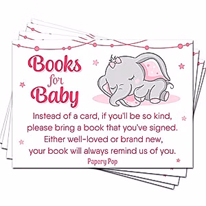 50 Books for Baby Shower Request Cards for Girl (50 Pack) - Elephant - Bring a Book Instead of a Card - Baby Shower Invitations Inserts Supplies