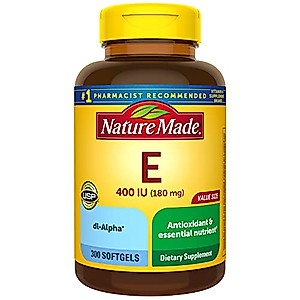 Nature Made Vitamin E 180 mg (400 IU) dl-Alpha, Dietary Supplement for Antioxidant Support, 300 Softgels, 300 Day Supply