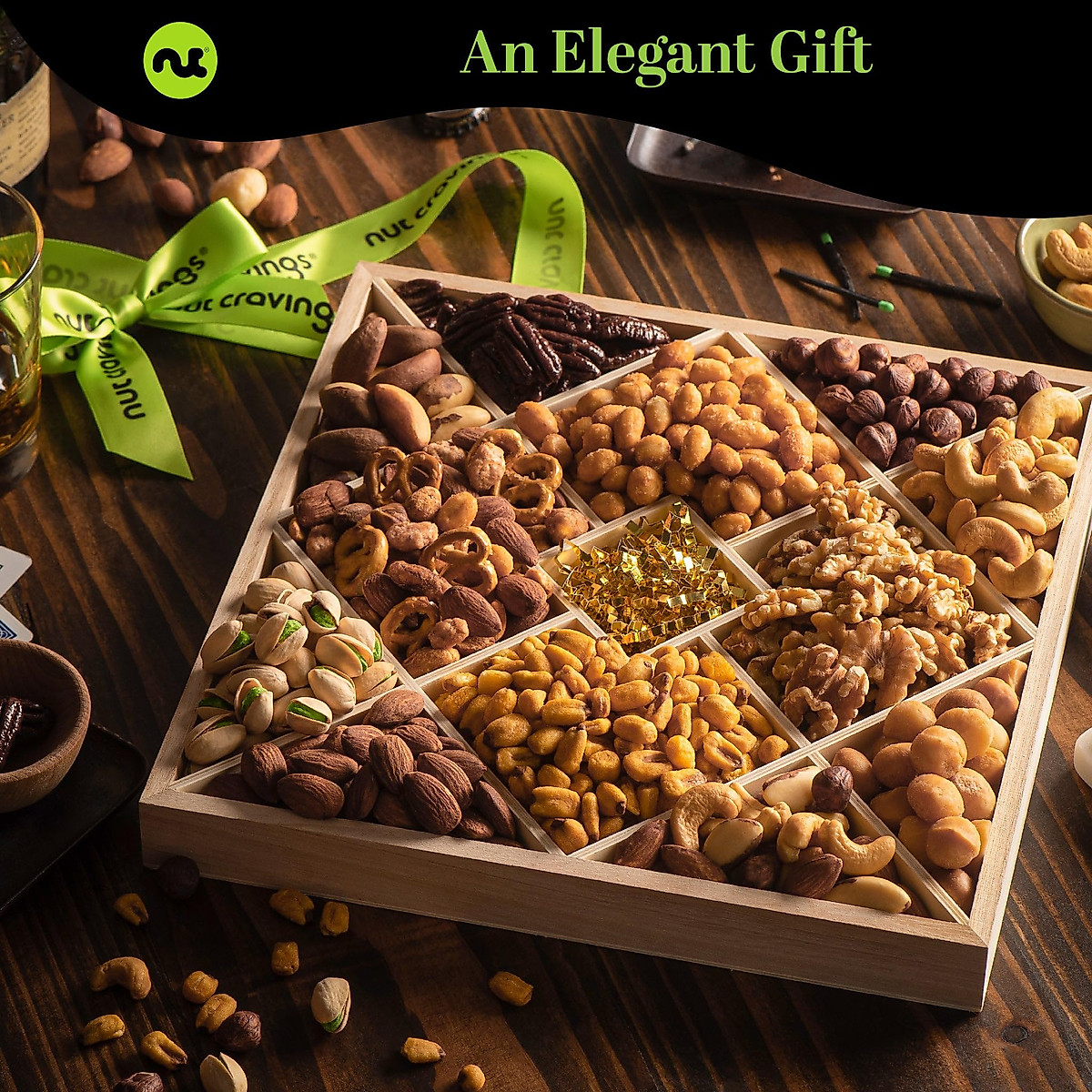 NUT CRAVINGS Gourmet Collection - Purim Mishloach Manot Mixed Nuts Gift Basket in Reusable Diamond Wooden Tray + Green Ribbon (12 Assortments) Arrangement Platter, Healthy Kosher Corporate