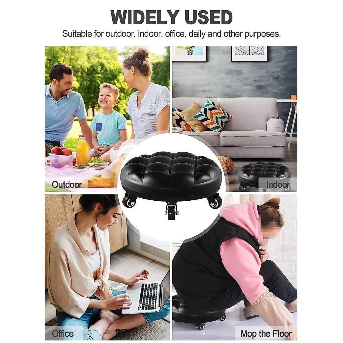 Lanstics Low Roller Seat Wheel Stool Chair PU Leather Rolling Stool Seats on Wheels for Home Office Fitness Round Roller Seat Stool (Black)